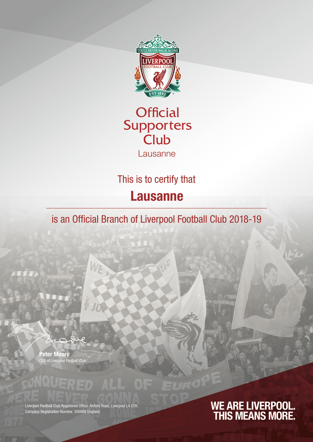 Certificate of Official Branch of LFC 2018 – 2019 – Swiss Liverbirds